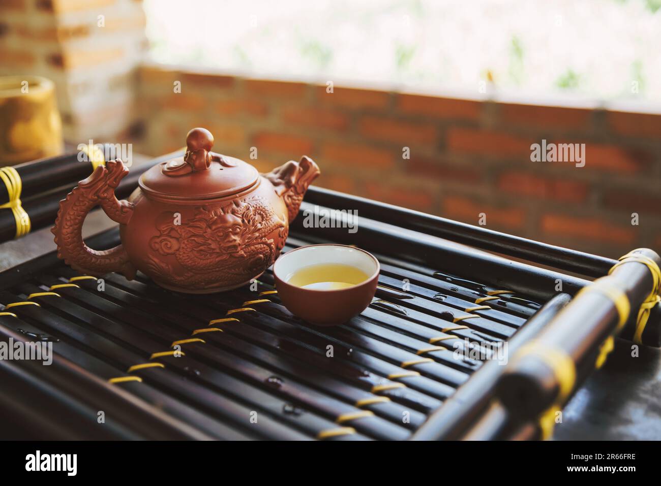 Tea set a wooden table for tea ceremony background Stock Photo - Alamy