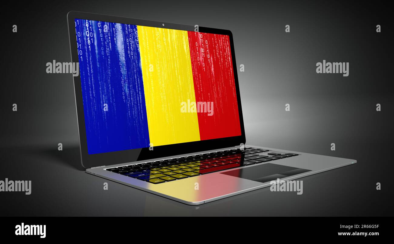 Romania - country flag and binary code on laptop screen - 3D ...
