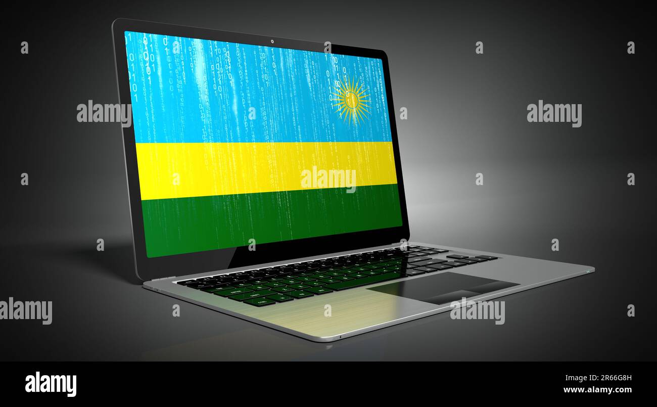 Rwanda - country flag and binary code on laptop screen - 3D ...