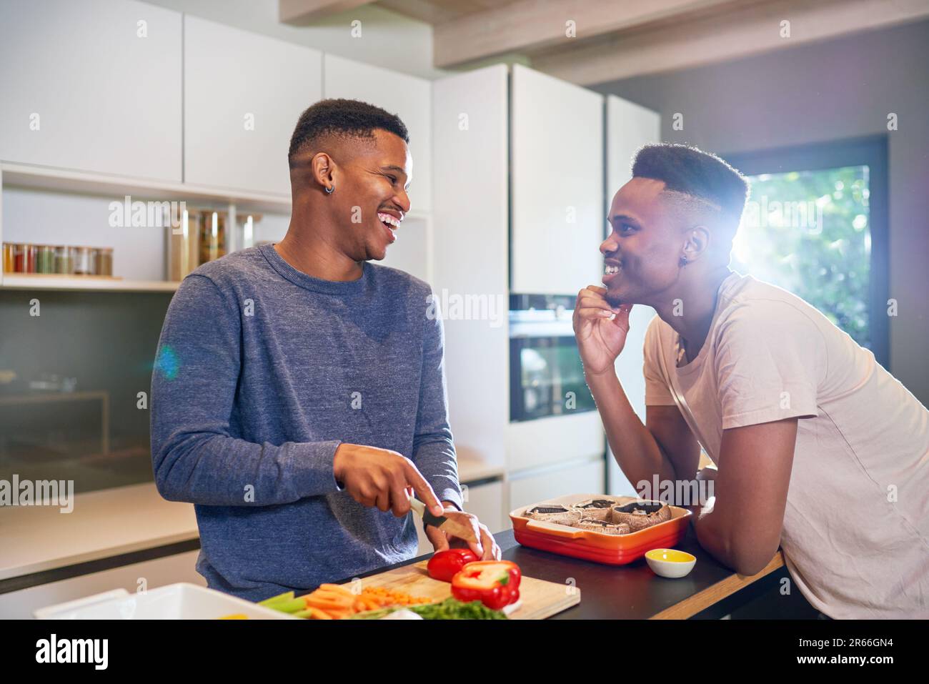 Happy young gay male couple cooking vegetables in kitchen at home Stock ...