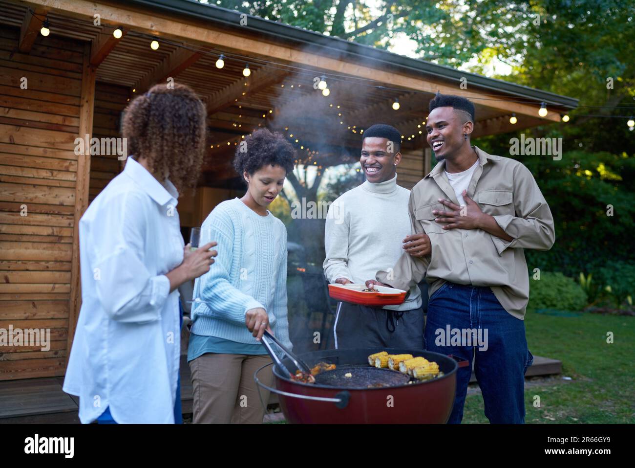 Lesbian and gay male couples enjoying barbecue in summer backyard Stock ...