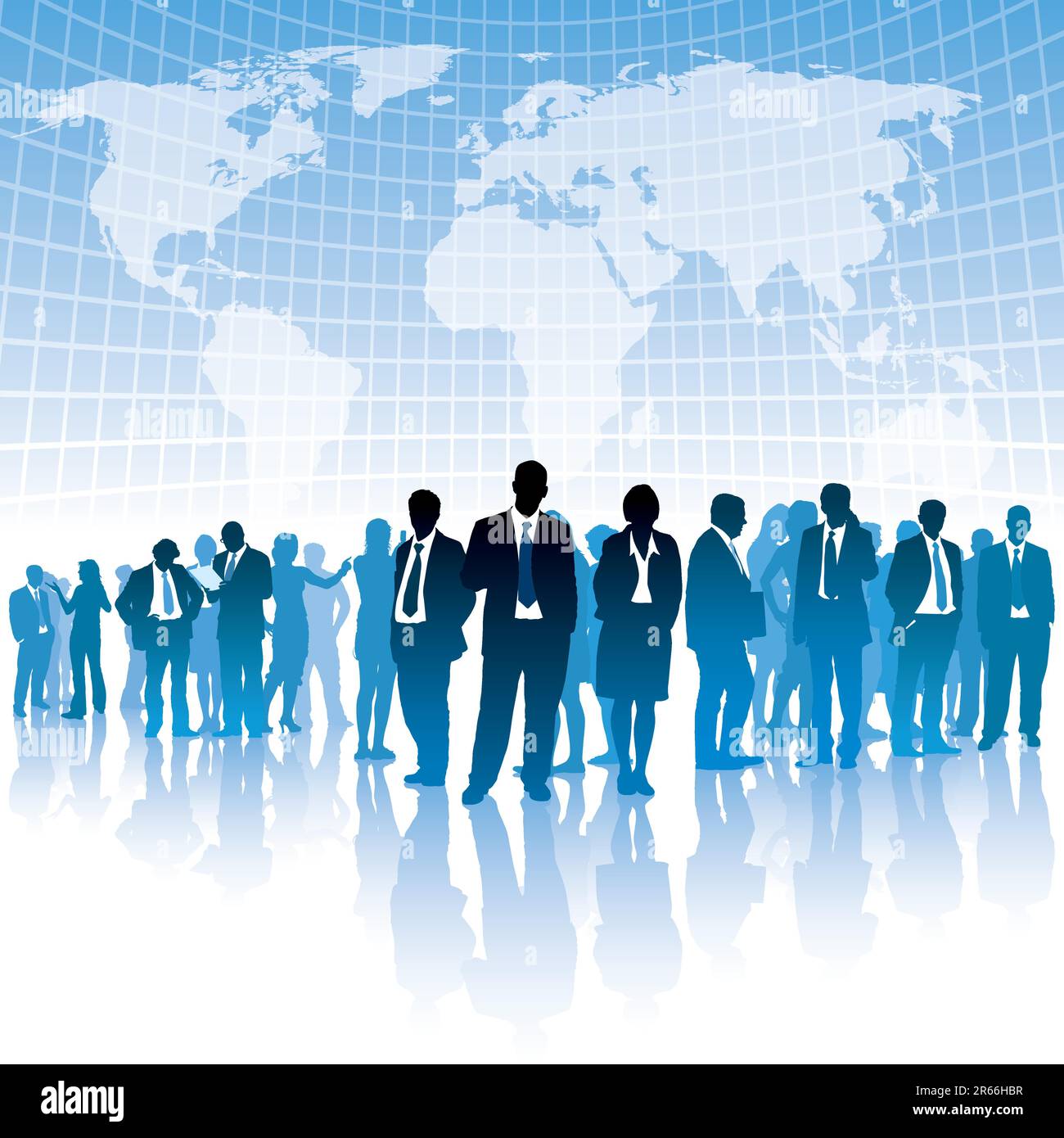 Businesspeople are standing in front of large world map. The base map ...