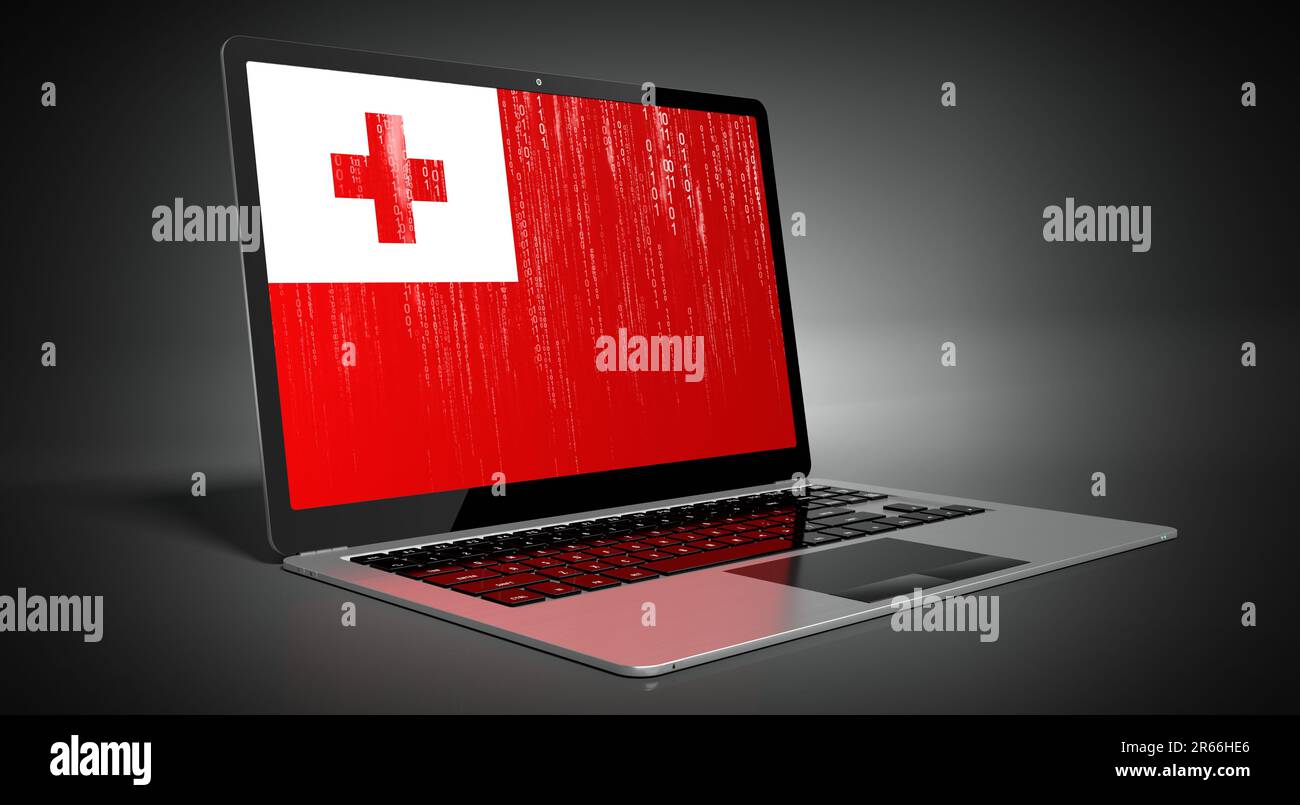 Tonga - country flag and binary code on laptop screen - 3D illustration ...