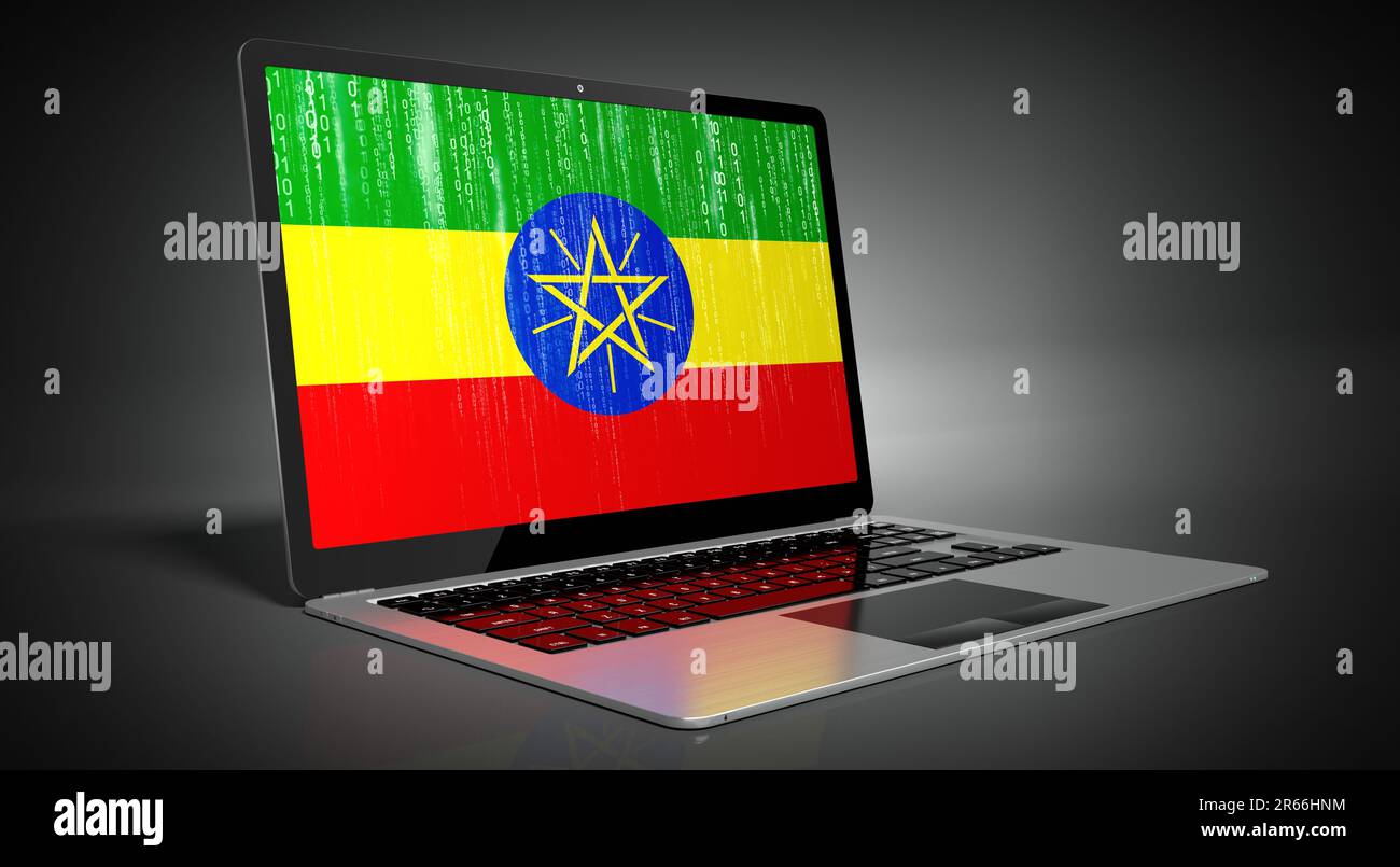 Ethiopia - country flag and binary code on laptop screen - 3D ...