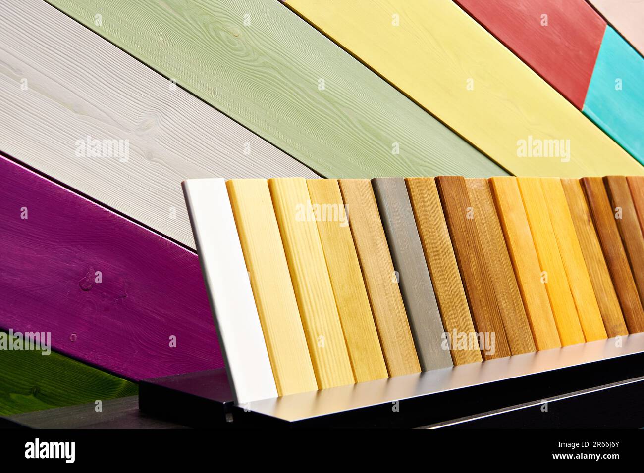 Samples of paint for wood at a construction exhibition Stock Photo - Alamy