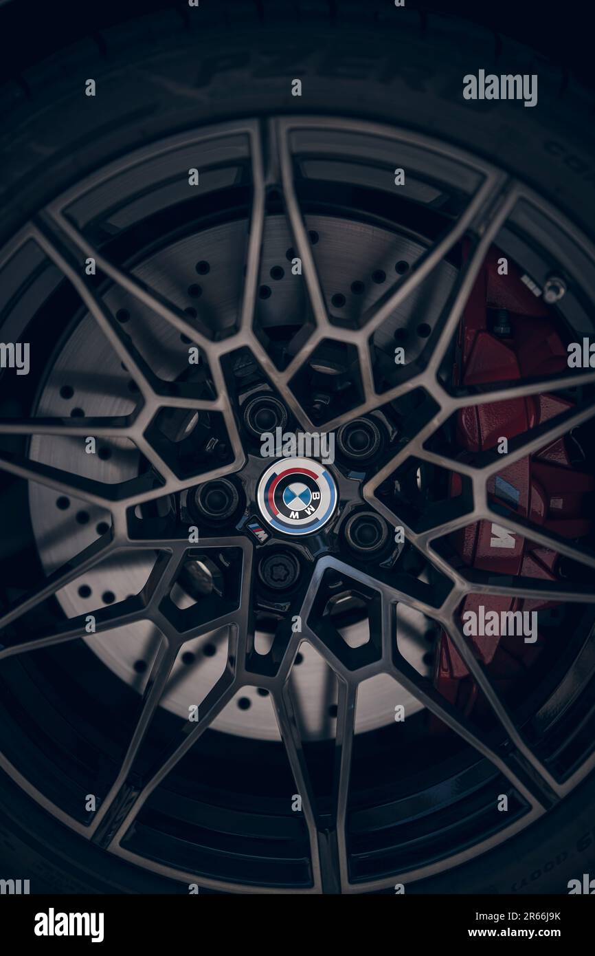 BMW wheel and tire with its logo in a last generation car Stock Photo ...