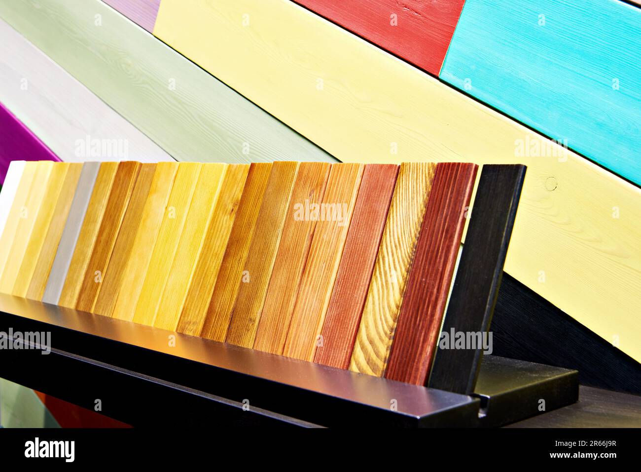 Samples of paint for wood at a construction exhibition Stock Photo - Alamy