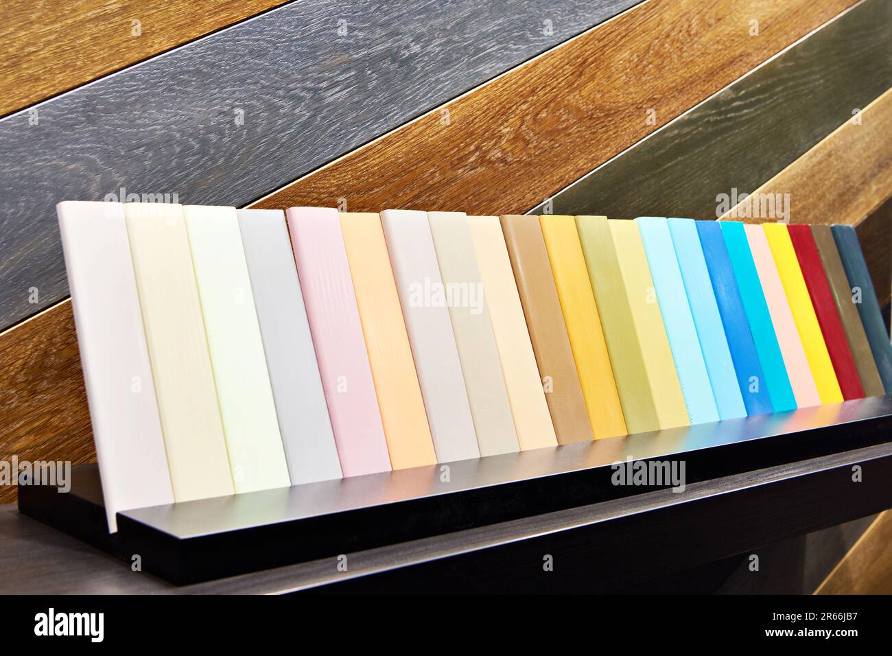Samples of paint for wood at a construction exhibition Stock Photo - Alamy