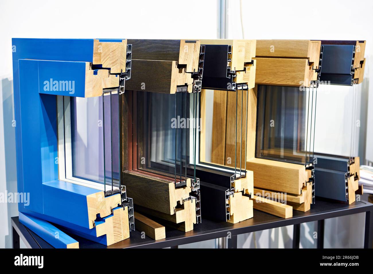 Modern wooden triple-glazed windows in the section on the construction ...