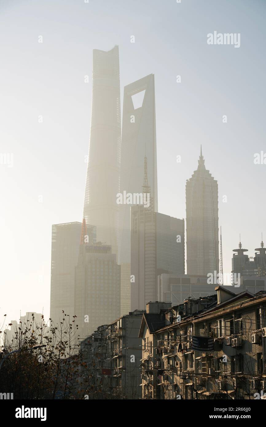 A vertical view of Shanghai skyline with skyscraper buildings in the ...
