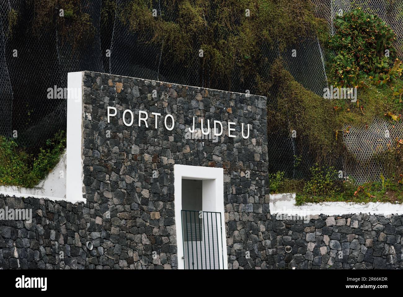 Porto Judeu, Portugal - July 3, 2022: Sign of the harbour on volcanic ...