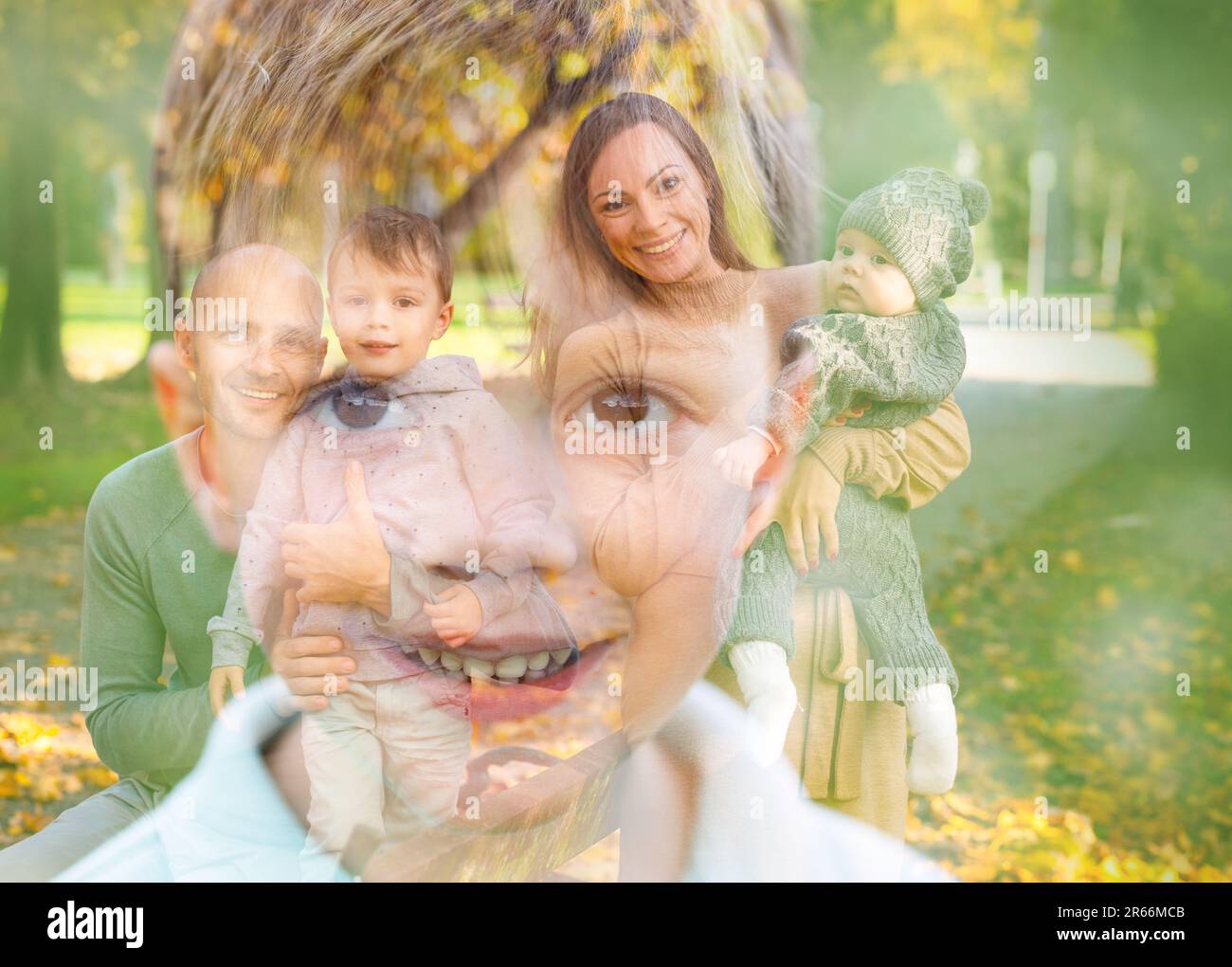 A 10-year-old smiling pretty boy and his parents and sister in double ...