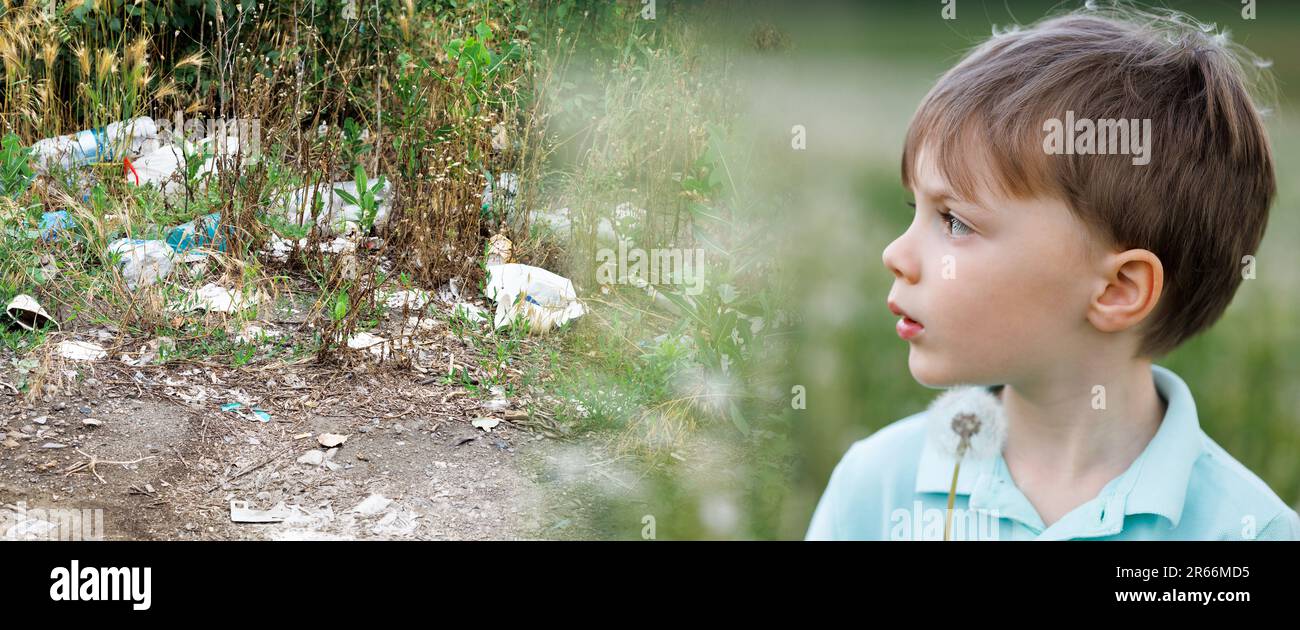 Double exposure. A 4-year-old boy looks at the waste dump with ...