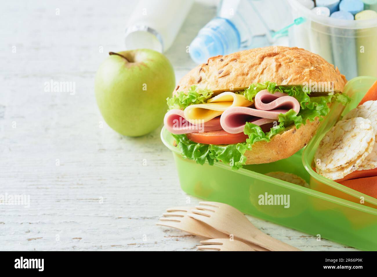Healthy food for school lunch concept. Healthy bread, meat sandwich ...