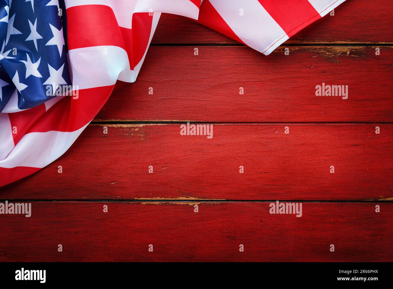 4th of July American Independence Day. American flag on red old rustic ...