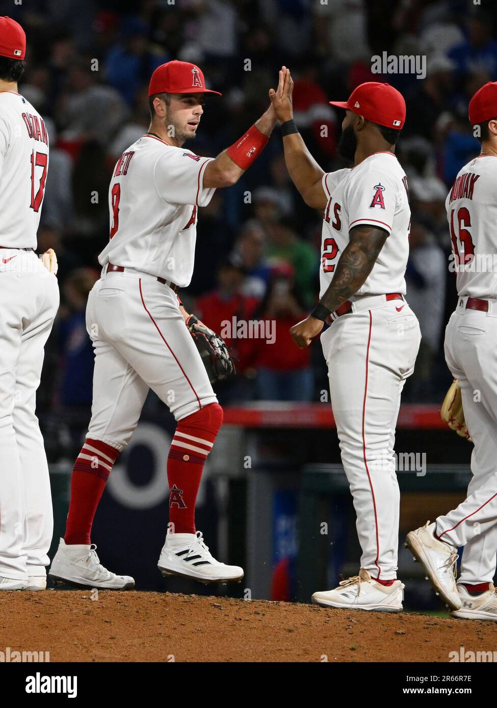 ANAHEIM, CA - JUNE 06: Los Angeles Angels Infielders Zach Neto (9) and ...