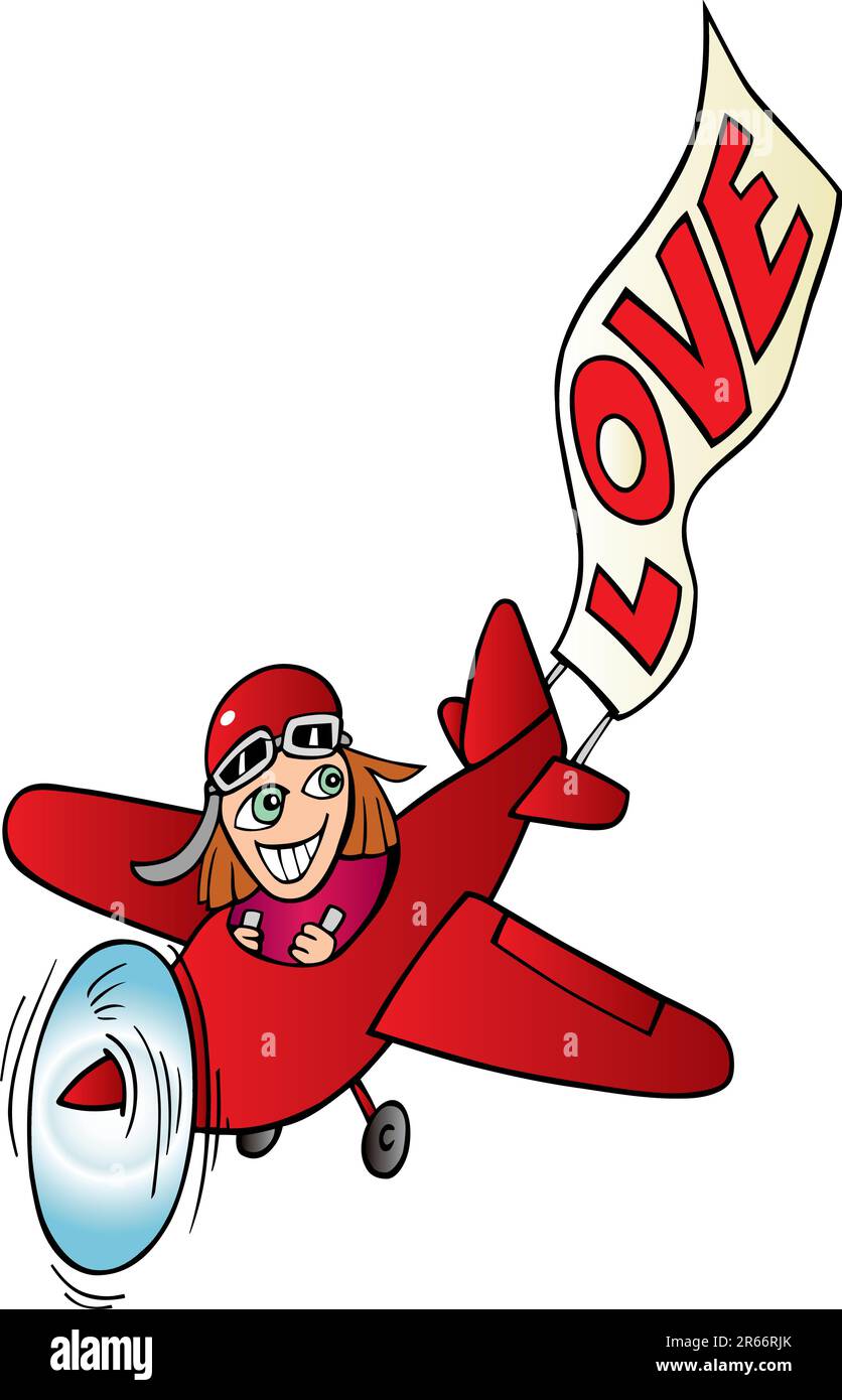Illustration of girl flying in small red airplane with love sign Stock ...