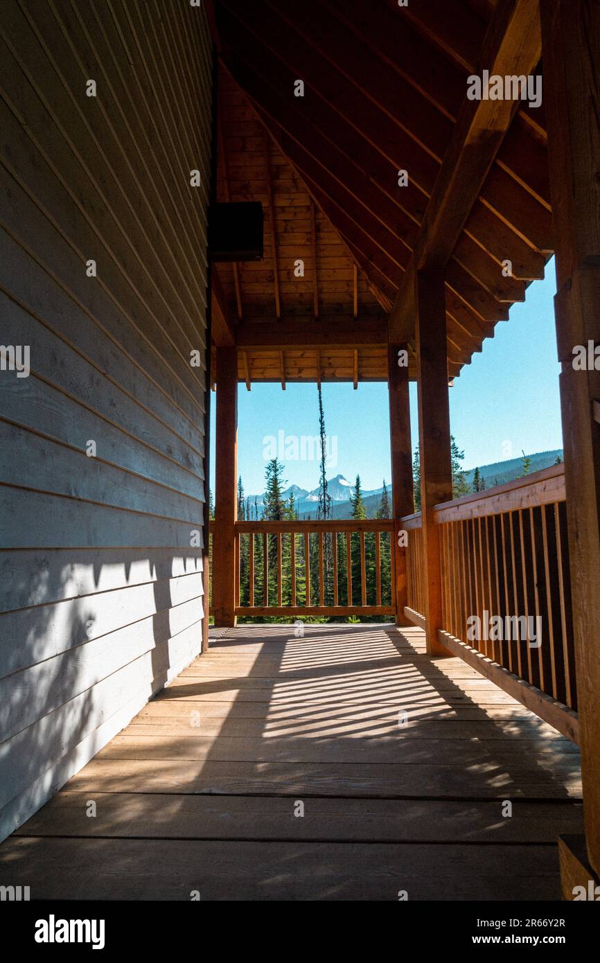 Outdoor deck and porch, looking out to mountains. Taken in Yoho ...