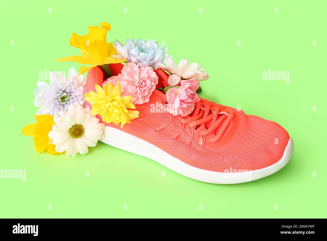 Sneaker with spring flowers on green background Stock Photo - Alamy