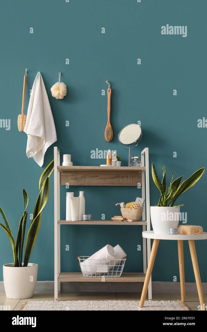 Interior of bathroom with shelving unit, table and accessories Stock ...