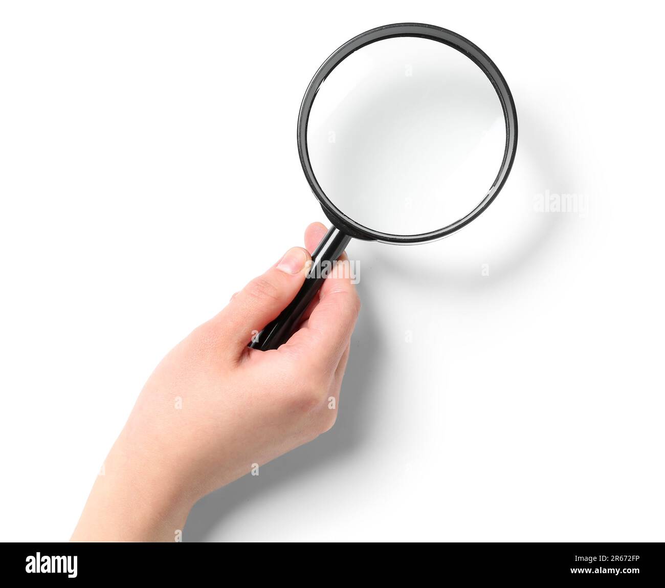 Female hand with magnifier isolated on white background Stock Photo - Alamy