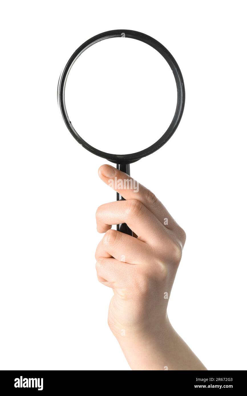Female hand with magnifier isolated on white background Stock Photo - Alamy