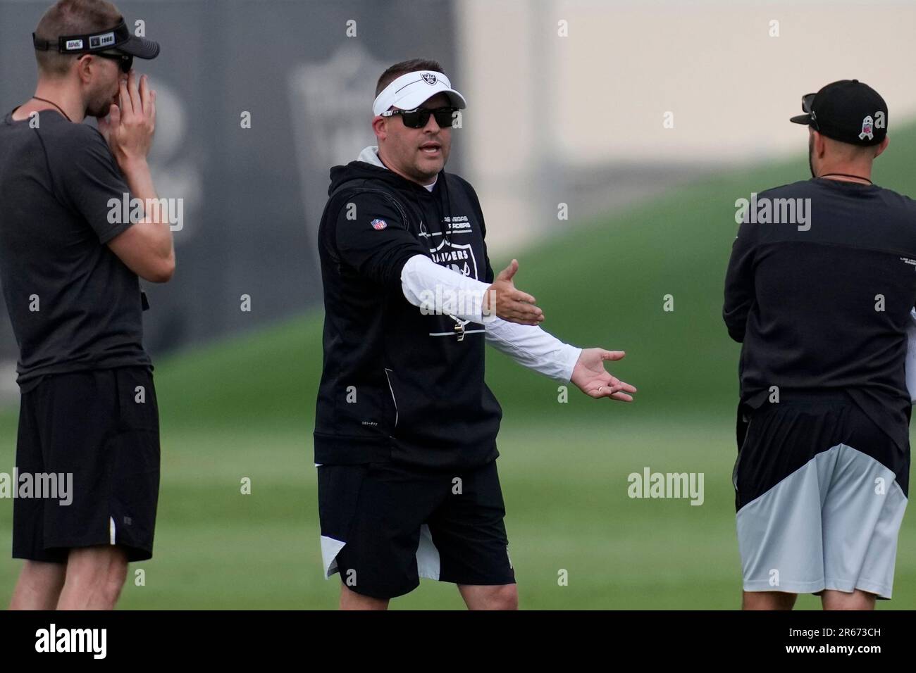 Las Vegas Raiders head coach Josh McDaniels motions during an NFL ...