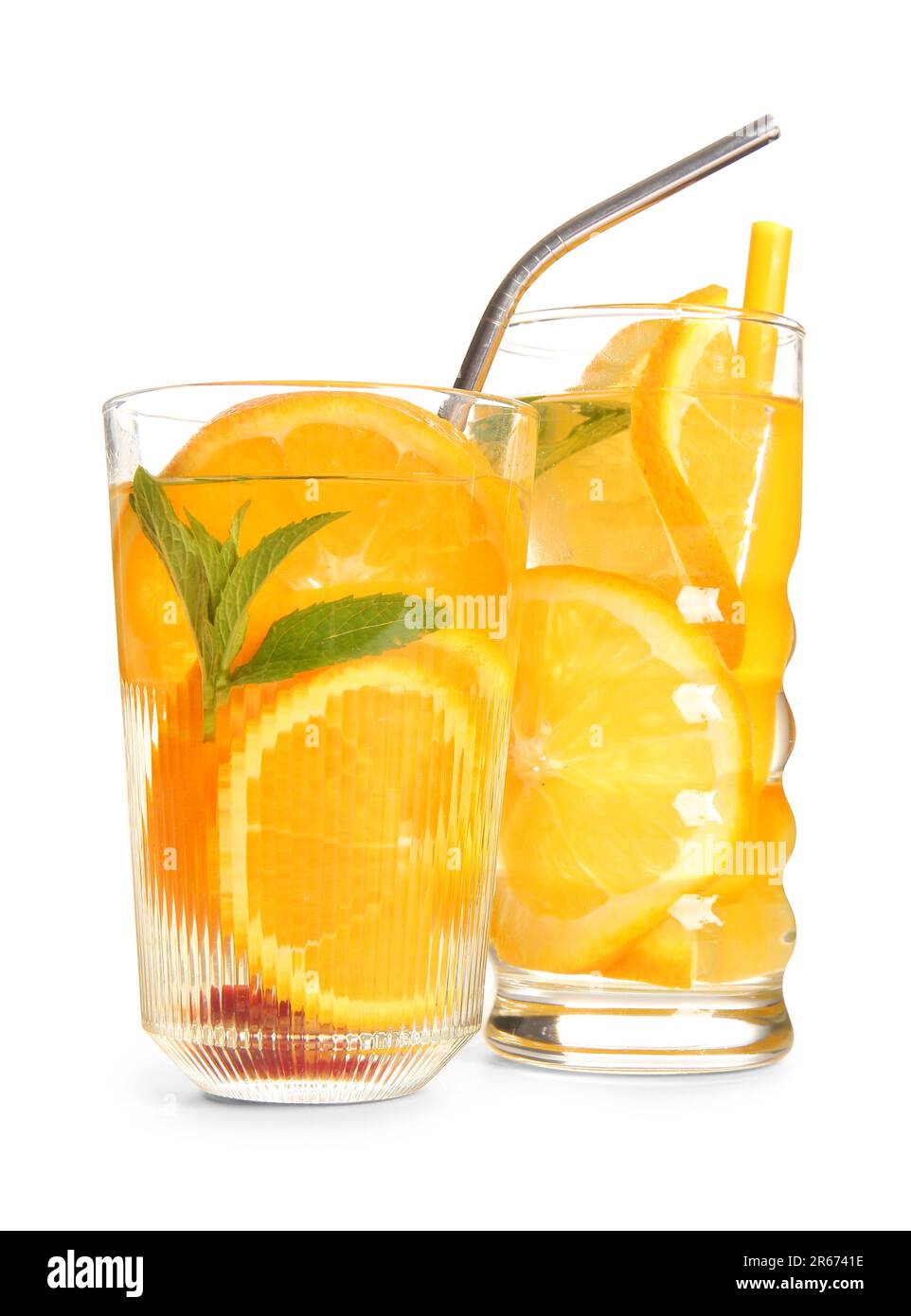 Glasses of infused water with orange slices on white background Stock ...
