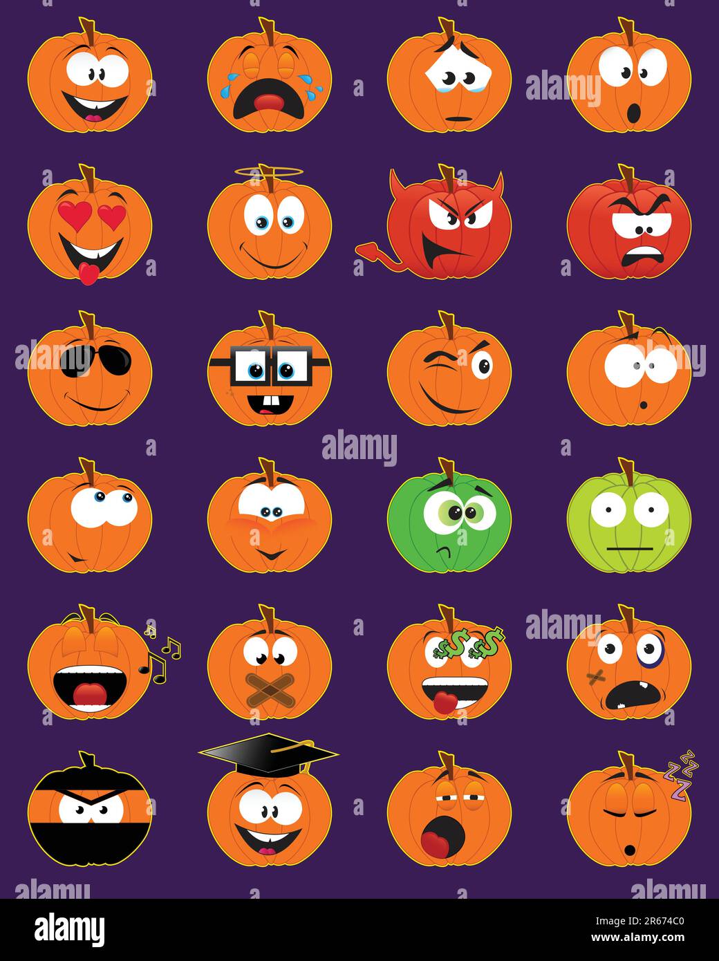 Set of 24 pumpkin-shaped smiley faces - vector illustrations Stock ...