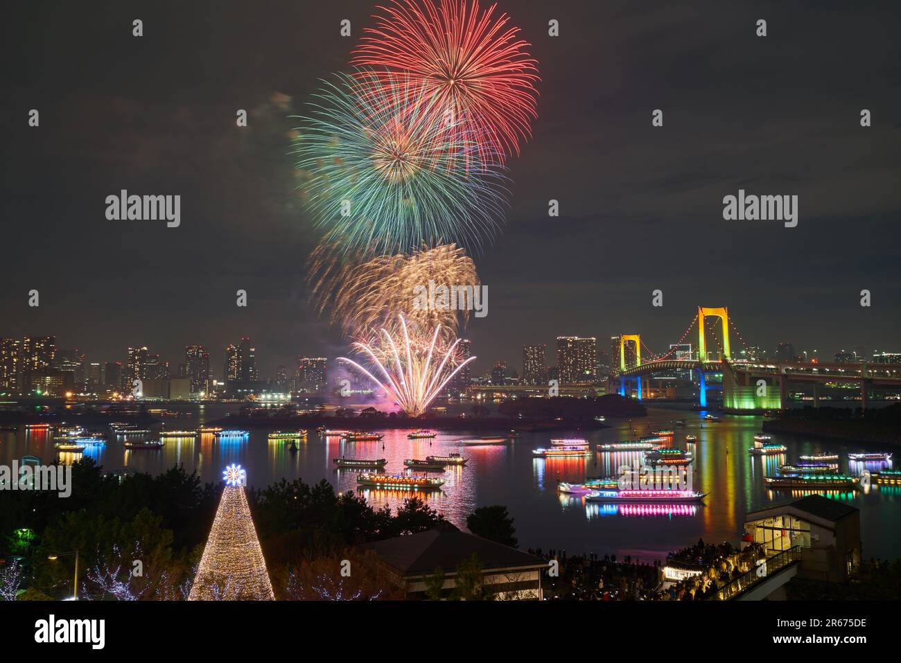 Rainbow Bridge and the Odaiba rainbow fireworks Stock Photo - Alamy
