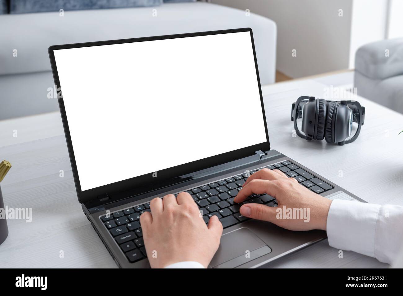 Work on laptop computer close-up. Isolated screen in white for web page ...