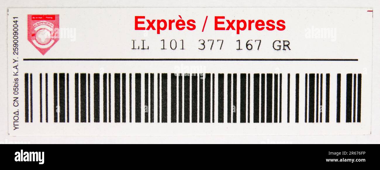 MOSCOW, RUSSIA - JUNE 3 2023: Postage lable printed in Greece shows seal, Epress mark and code ...