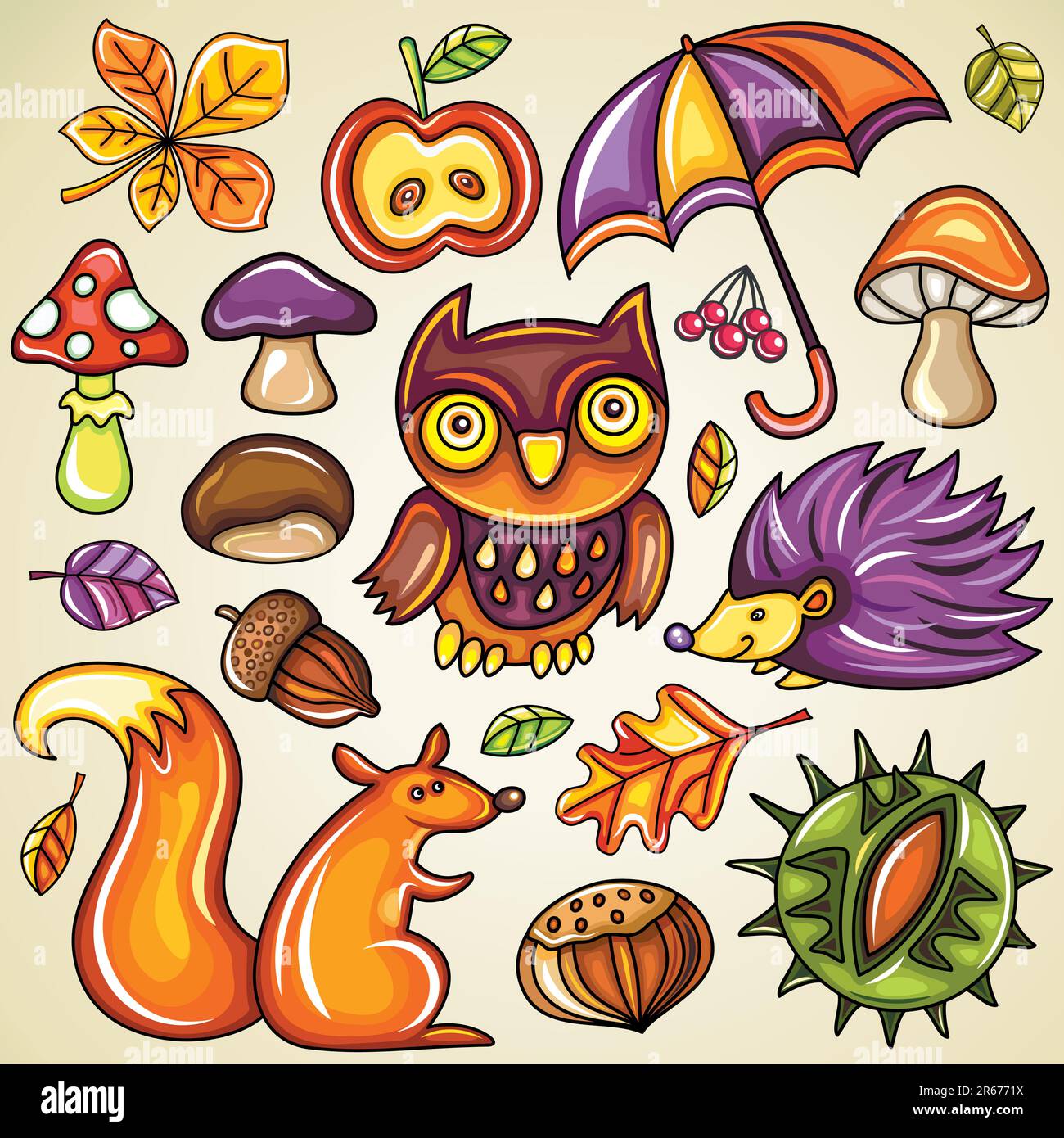 Vector set of colorful autumnal objects: leaf, umbrella, apple ...