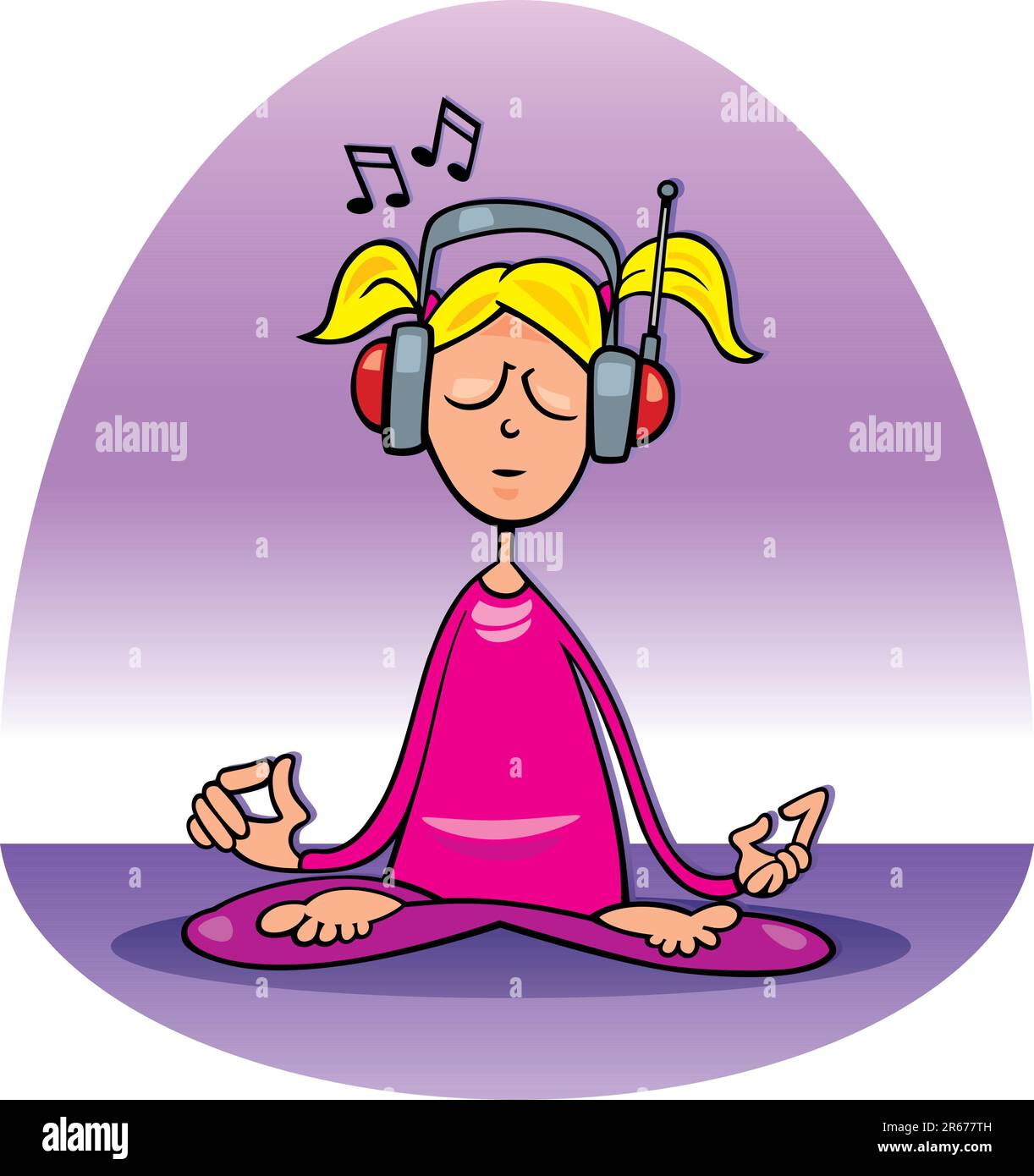 cartoon illustration of girl listening to the music and meditating ...
