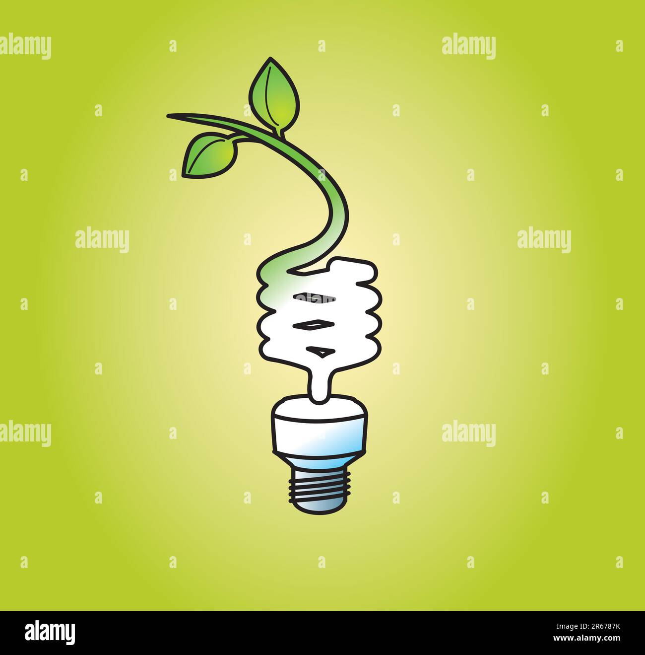 Energy-saver style light bulb sprouting a plant. Background is on a ...