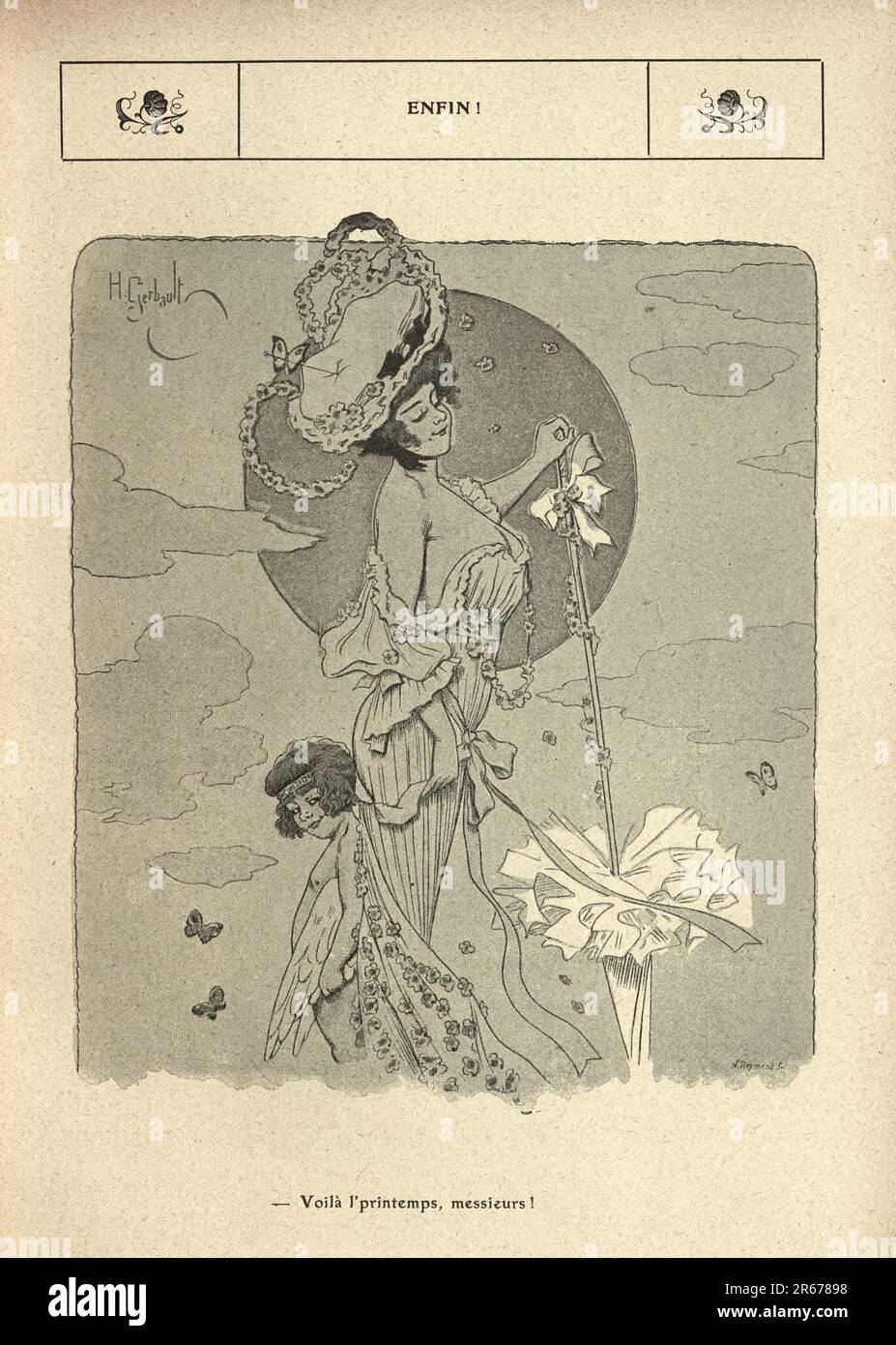 Vintage French cartoon by Henry Gerbault, 1900s. Cupid with a Beautiful ...