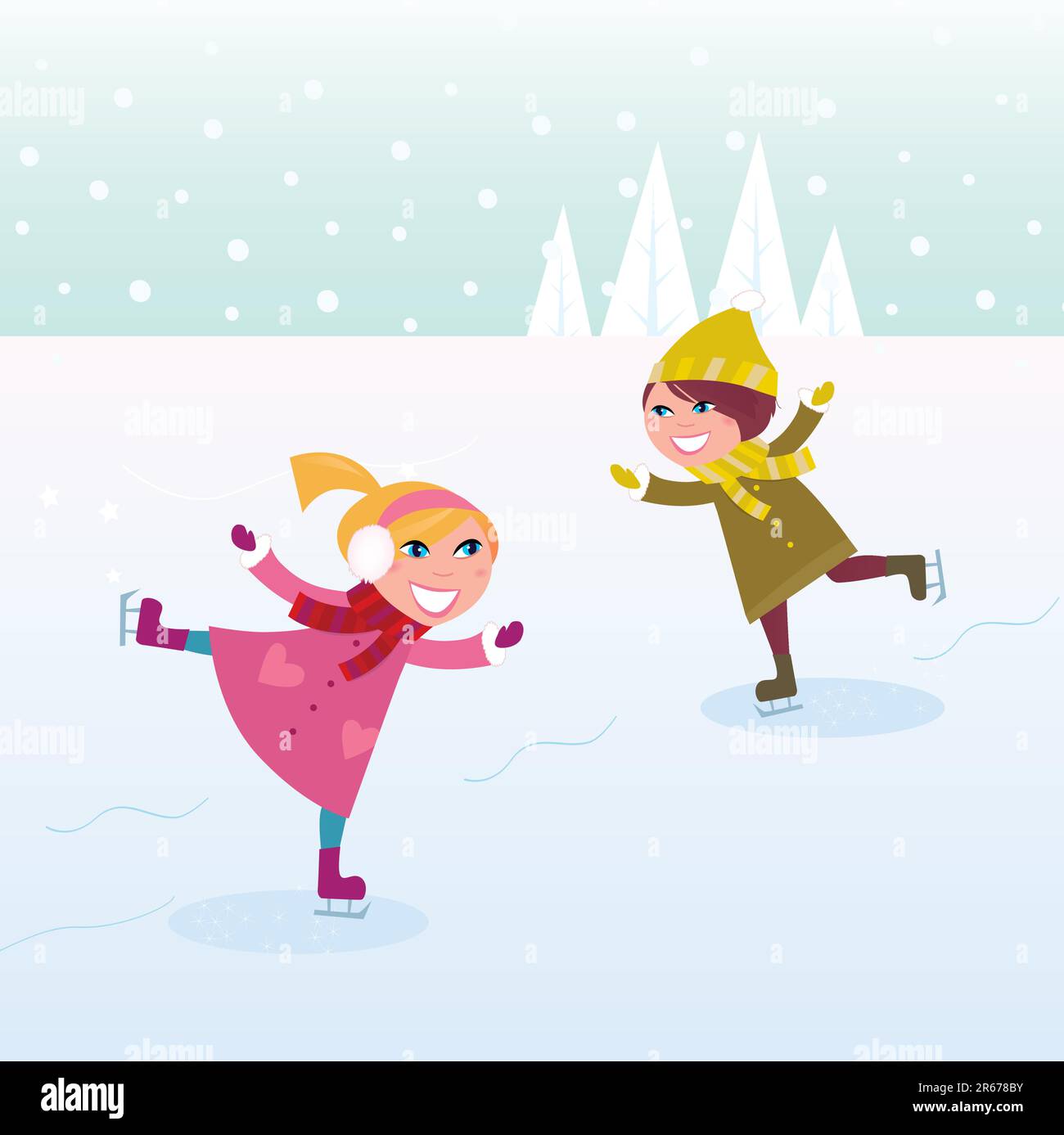 Two kids in winter costumes practicing ice skating on frozen lake ...