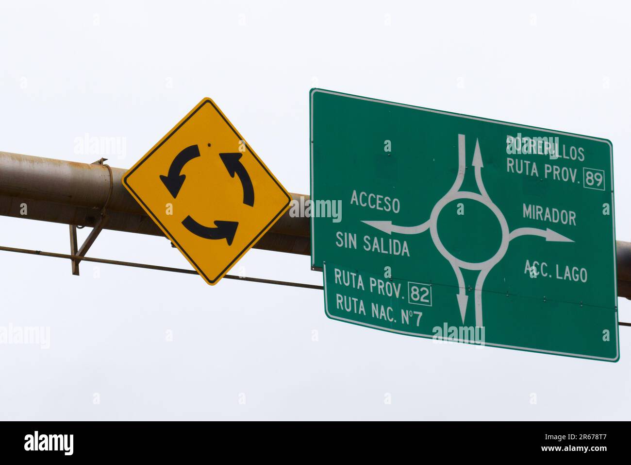 Yellow road sign signaling a roundabout near Potrerillos, in the ...