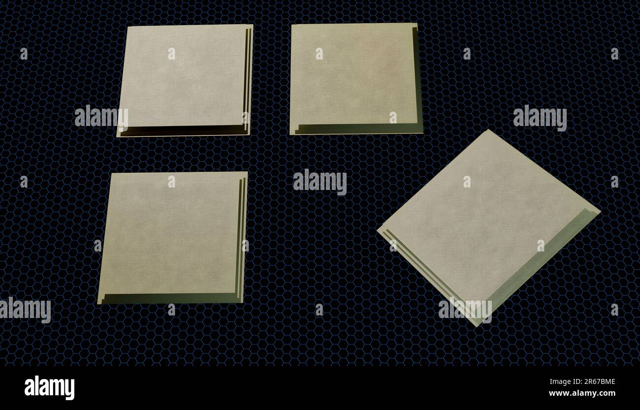 Four blocks with three sheets with canvas texture on a hexagonal table ...