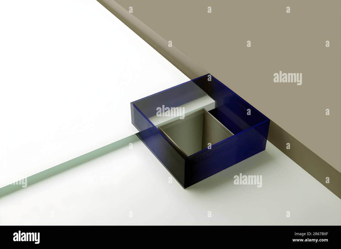 Composition with office table and glass hole cube with depth Stock ...