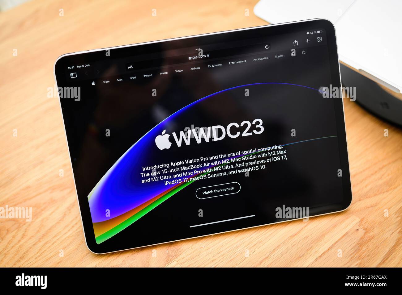 Paris, France - Jun 6, 2023: Creative room table with webpage WWDC23 where Apple Vision Pro ...