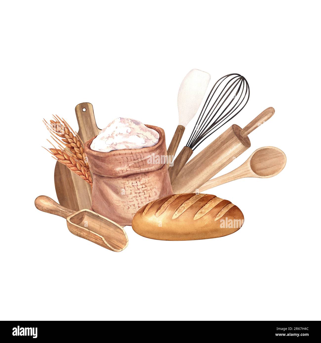Watercolor composition wheat flour, bread and kitchen tool. Hand-drawn ...
