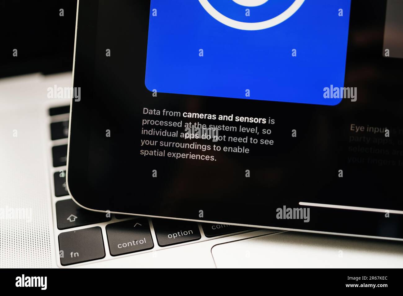 Paris, France - Jun 6, 2023: Data from cameras and sensors privacy ad text for Apple Vision Pro ...