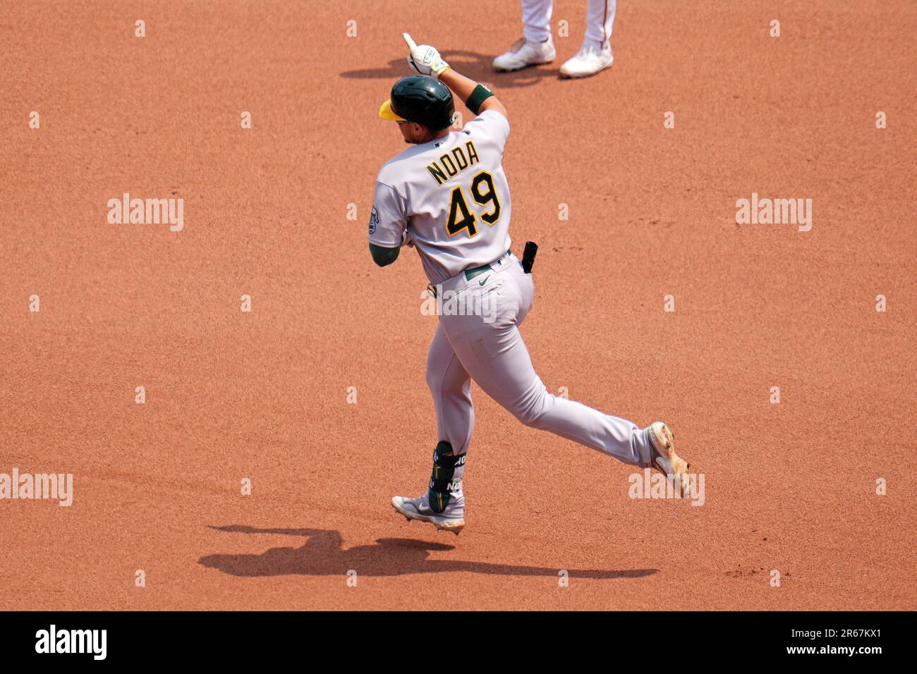 Oakland Athletics' Ryan Noda celebrates as he rounds the bases after ...