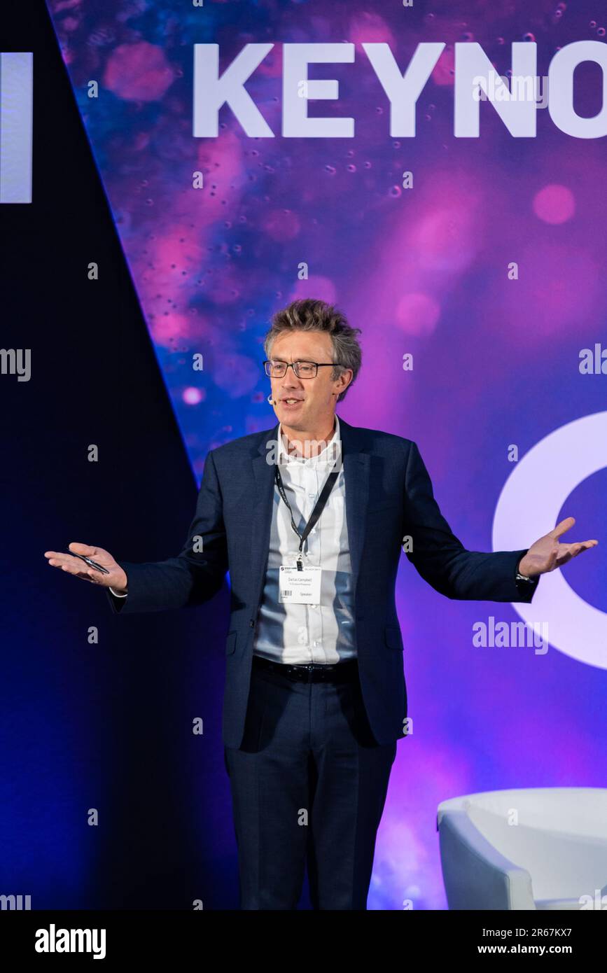 TV presenter Dallas Campbell speaking at Space-Comm Expo 2023 space ...