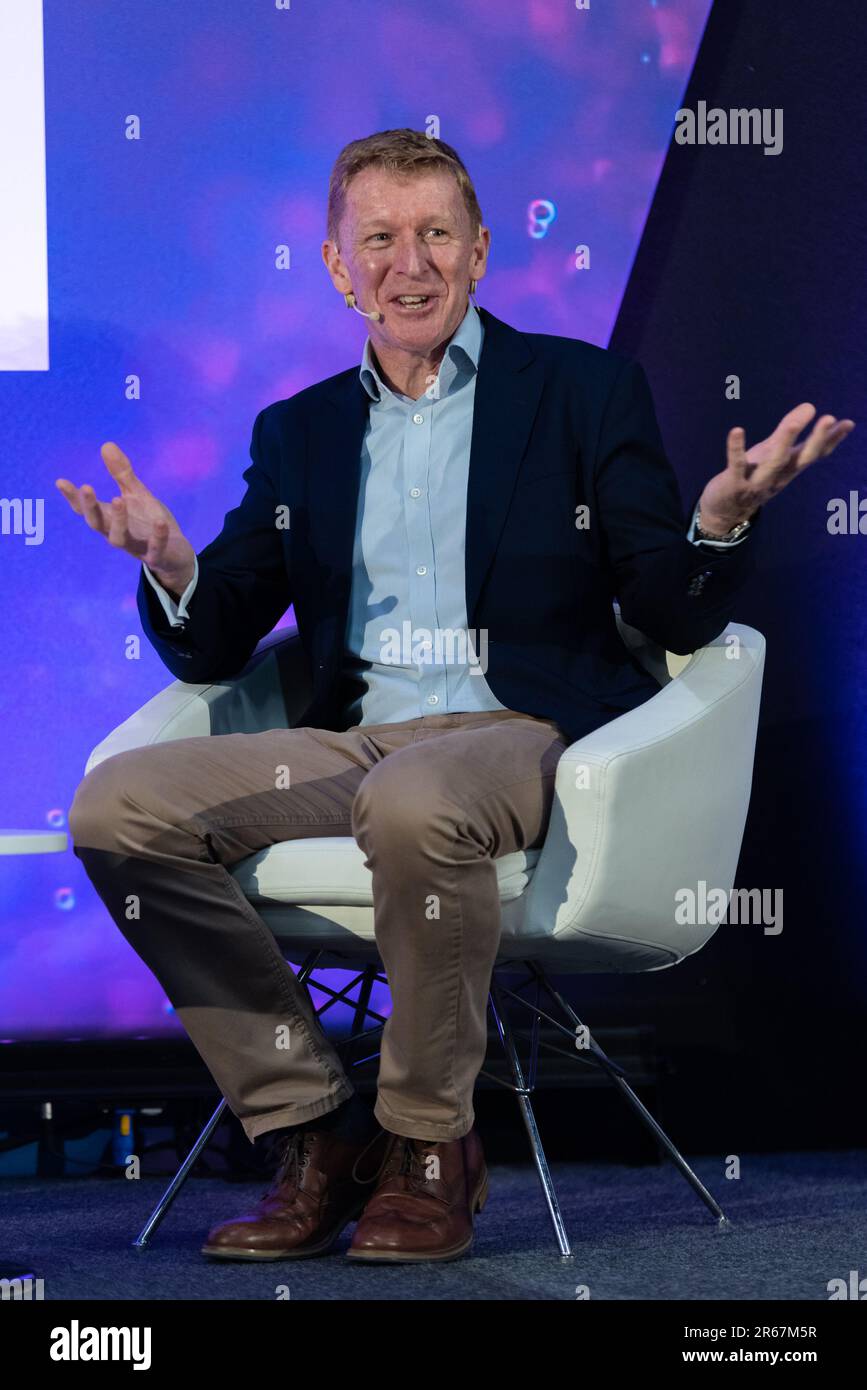 Astronaut Tim Peake speaking at Space-Comm Expo 2023 space technology event in the Farnborough ...