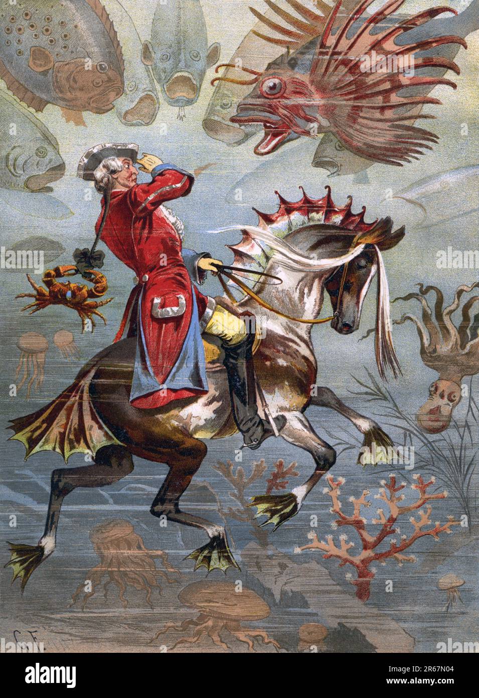 Baron Munchausen, The Baron travels underwater, illustrated by ...