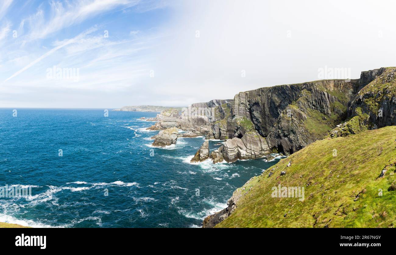 Panoramic picture of cliff line from Mizen Head lighthouse in Ireland ...