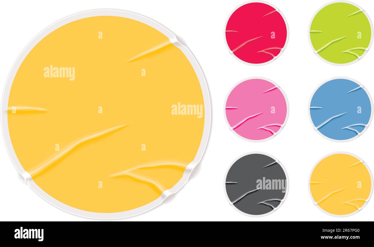 Set of colorful round stickers. Crumpled and badly glued Stock Vector ...