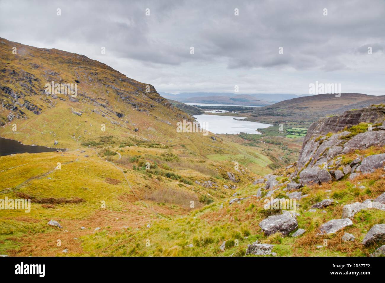 Typical Irish landscape with green meadows and rough mountains Stock ...